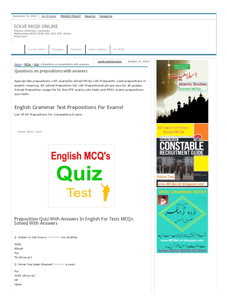Preposition Mcqs | PDF | Multiple Choice | English Grammar