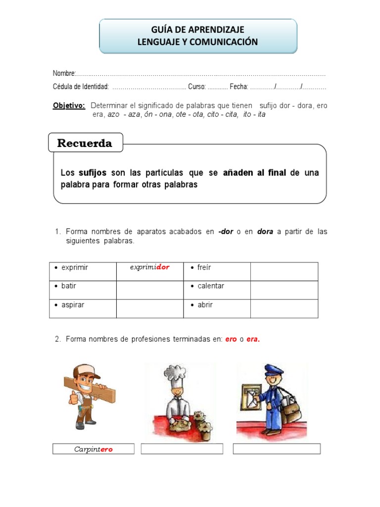 Guia 3º Explican El Significado de Palabras Que Tienen Sufijo Dor ...