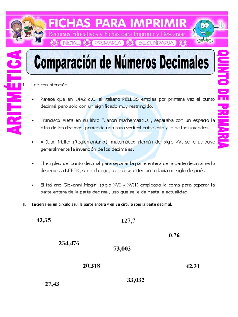 Comparacion de Numeros Decimales para Quinto de Primaria PDF | PDF ...