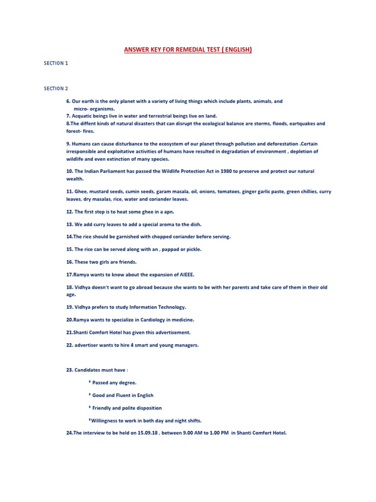 Answer Key For Remedial Test (English) : Section 1 | PDF | Curry | Habitat