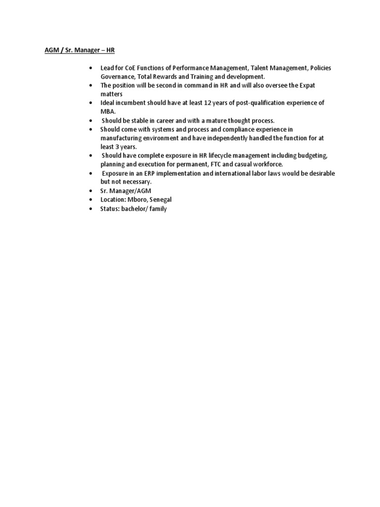 AGM / Sr. Manager - HR | PDF
