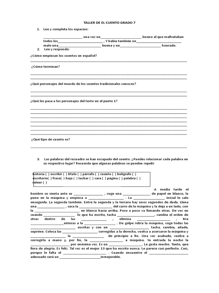 Taller de El Cuento Grado 7 | PDF | Cuentos