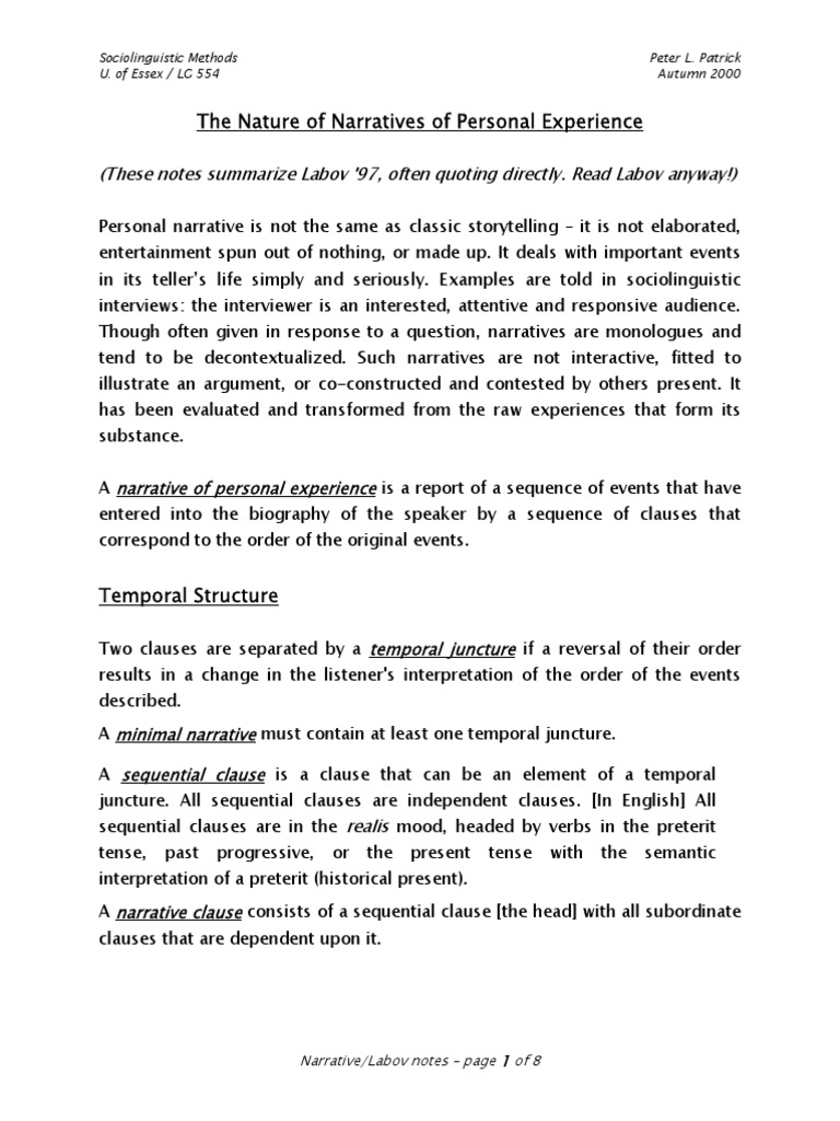 Notes On Labov 97 Narrative Analysis | PDF | Narrative | Causality