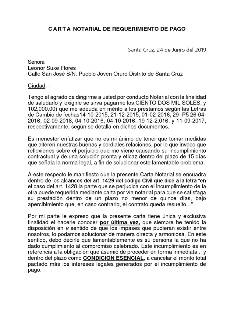 Carta Notarial de Requerimiento de Pago | PDF | Gobierno | Justicia
