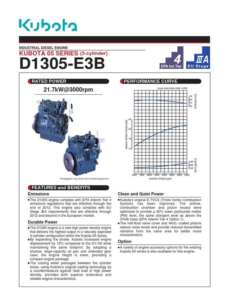 Kubota 05 Series d1305 E3b Specifications | PDF | Horsepower | Engines