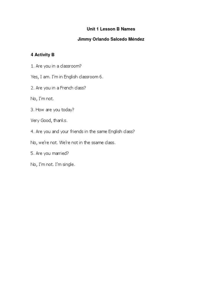 Unit 1 Lesson B Names Jimmy Orlando Salcedo Méndez | PDF