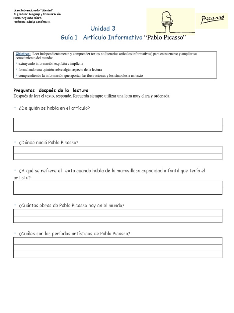 Preguntas de Comprension Pablo Picasso | PDF | Estudios de idiomas ...