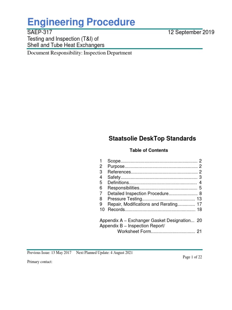 Heat Exchanger Inspection Procedures | PDF | Leak | Heat Exchanger