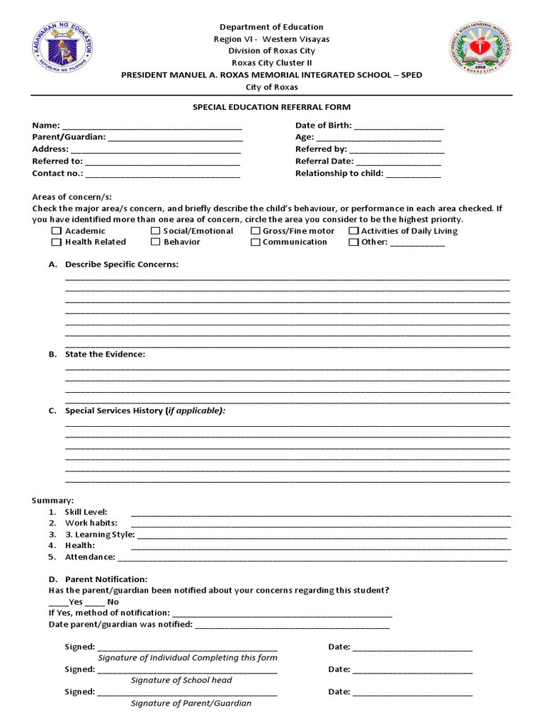 Special Education Referral Form | PDF | Special Education | Behavioural ...