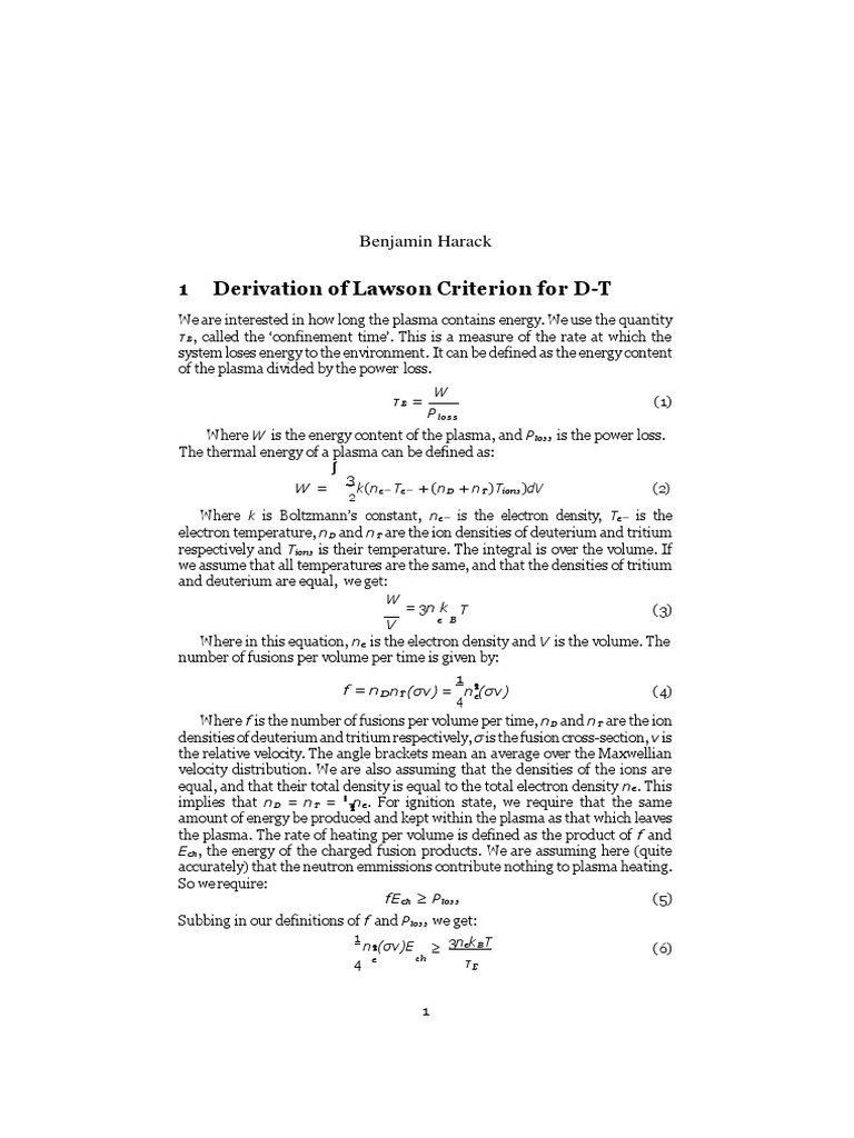1 Derivation of Lawson Criterion For D-T: Benjamin Harack | Download Free PDF | Plasma Physics ...
