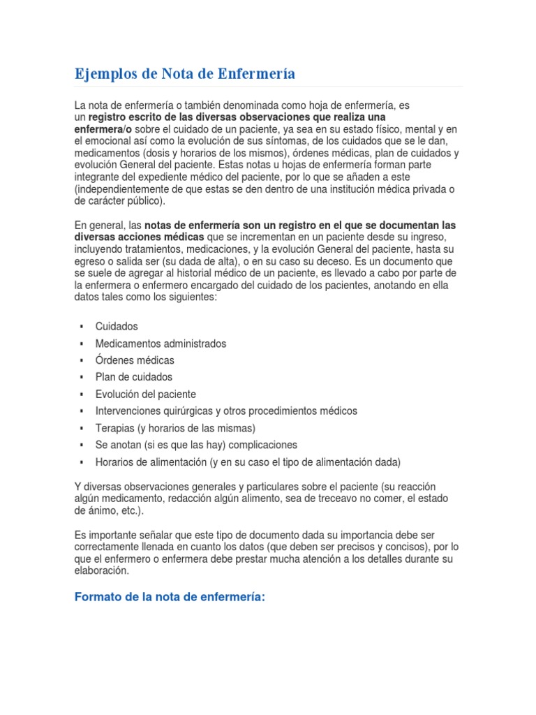 Ejemplos de Nota de Enfermería | PDF