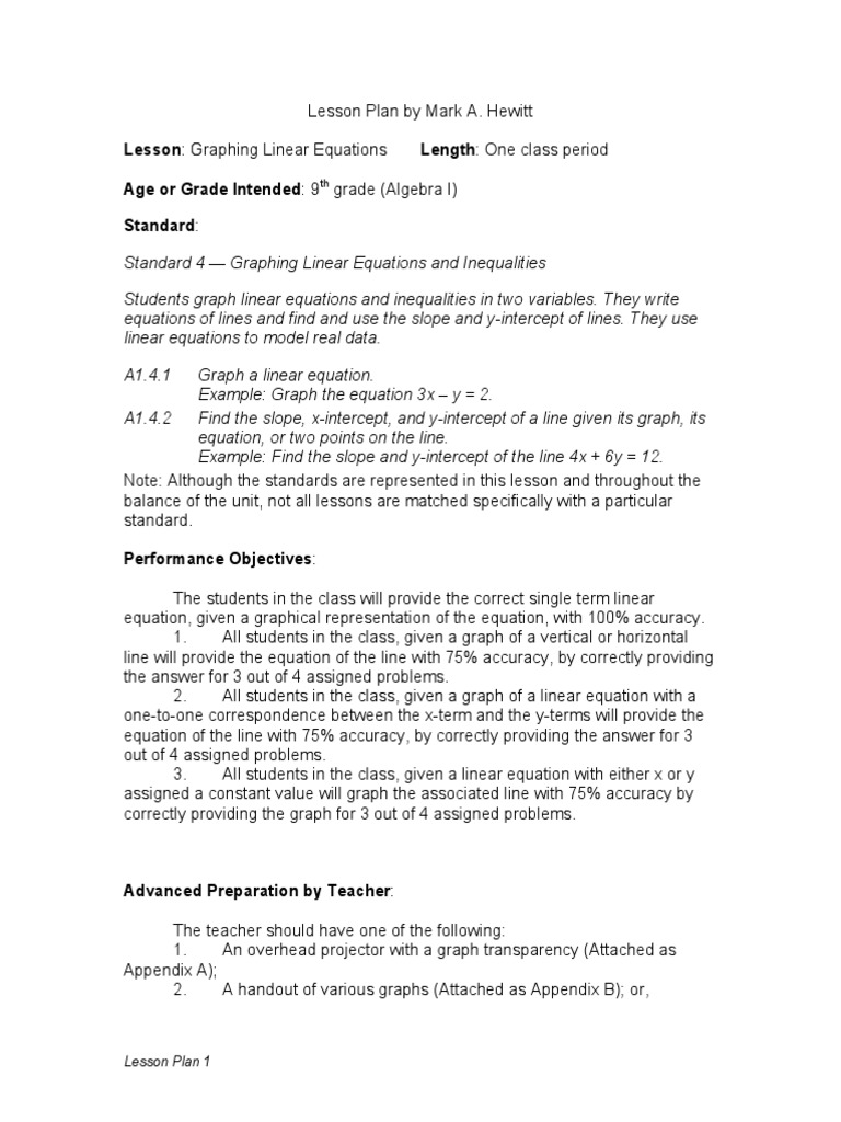 Lesson: Graphing Linear Equations Length: One Class Period Age or Grade ...