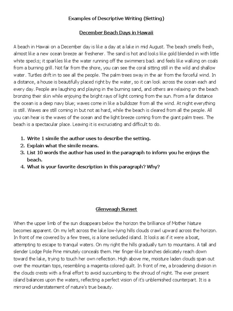 Examples of Descriptive Writing Setting | Download Free PDF | Beach ...