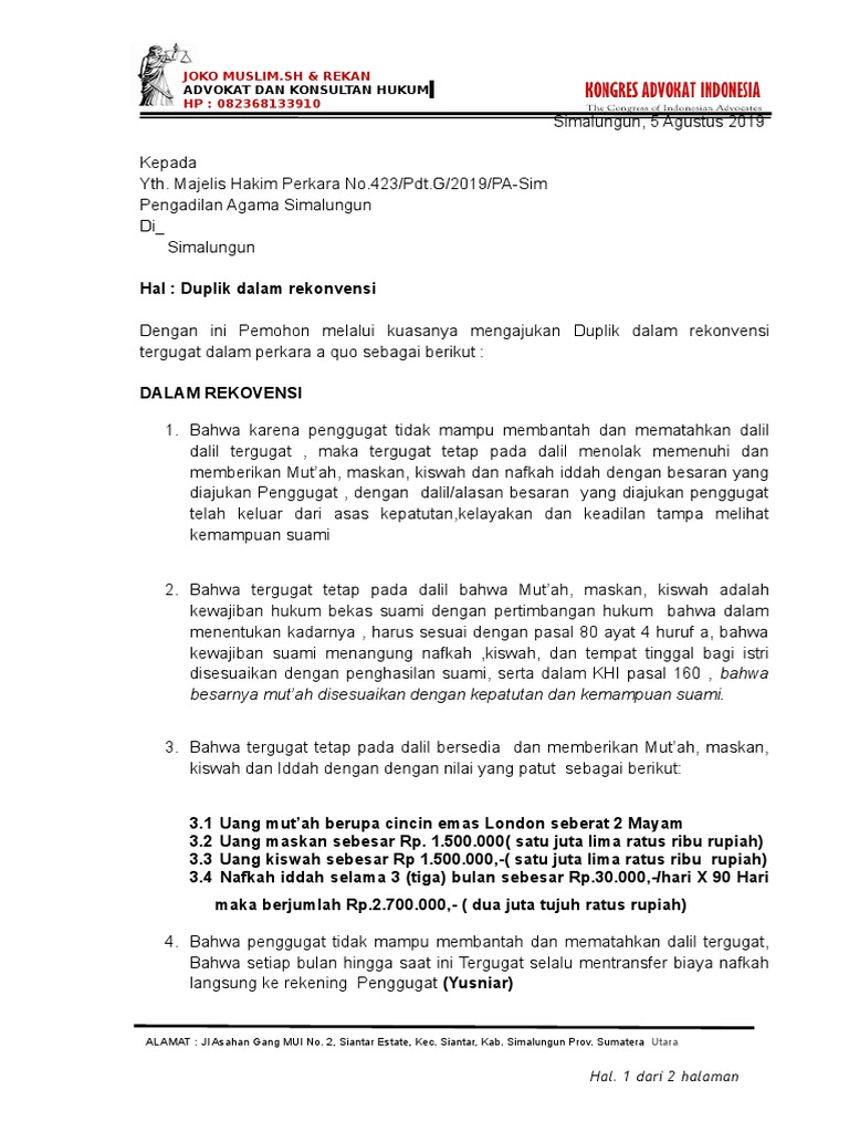 Duplik Dalam Rekonvensi Cerai Talak Dodi Kurniawan | PDF