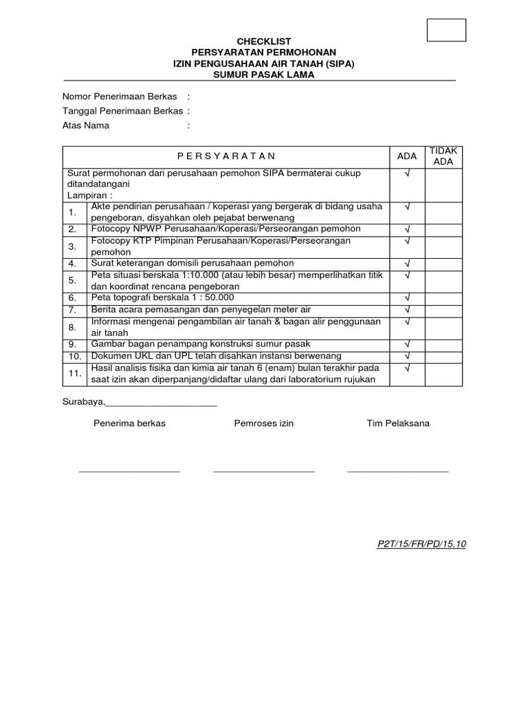 Checklist Izin Sipa | PDF