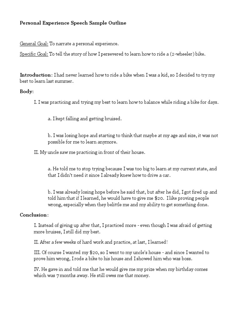 Personal Experience Speech Sample Outline PDF