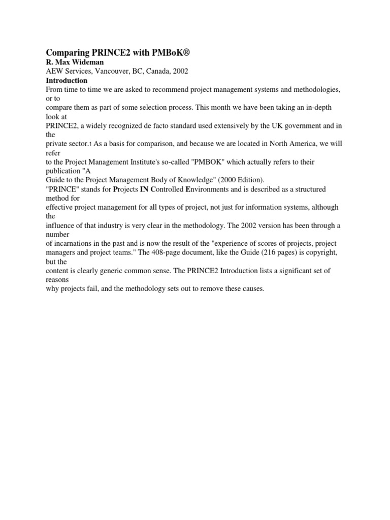 Comparing PRINCE2 With PMBoK | PDF