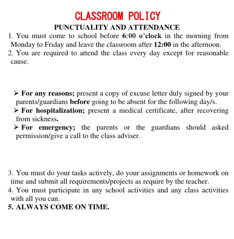 Punctuality and Attendance: Classroom Policy | PDF | Homework