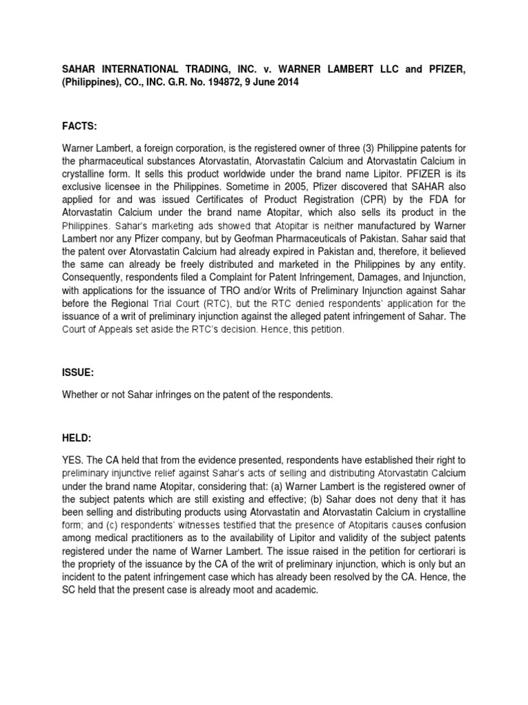 Sahar International Vs Warner Lambert | PDF | Patent | Pfizer