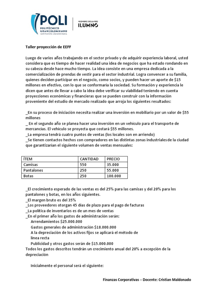 Taller Proyeccion EEFF - 2019II | PDF | Presupuesto | Depreciación