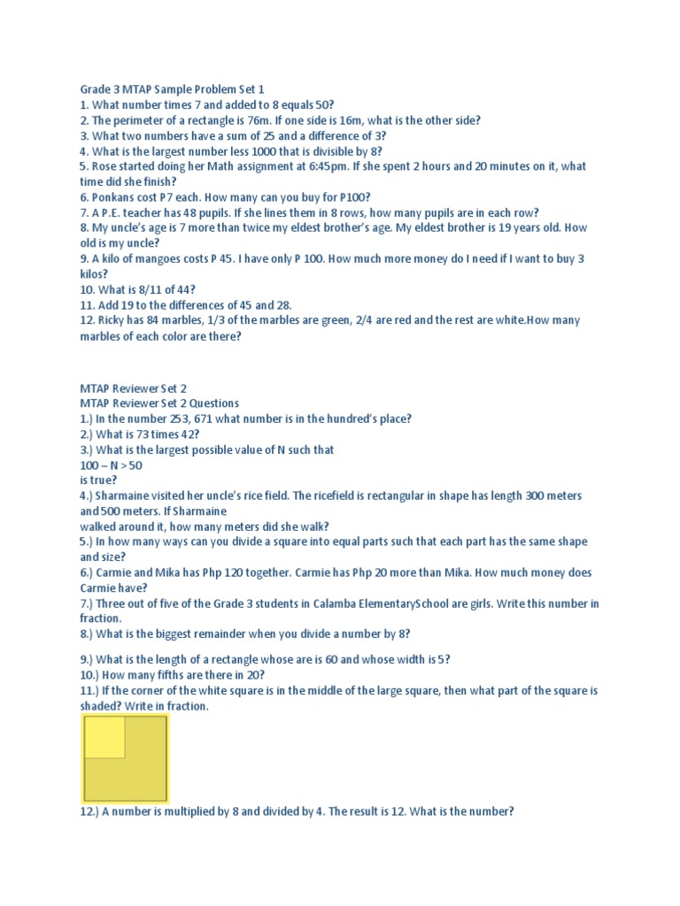 Grade 3 MTAP Sample Problem Full Set | PDF | Numbers | Area