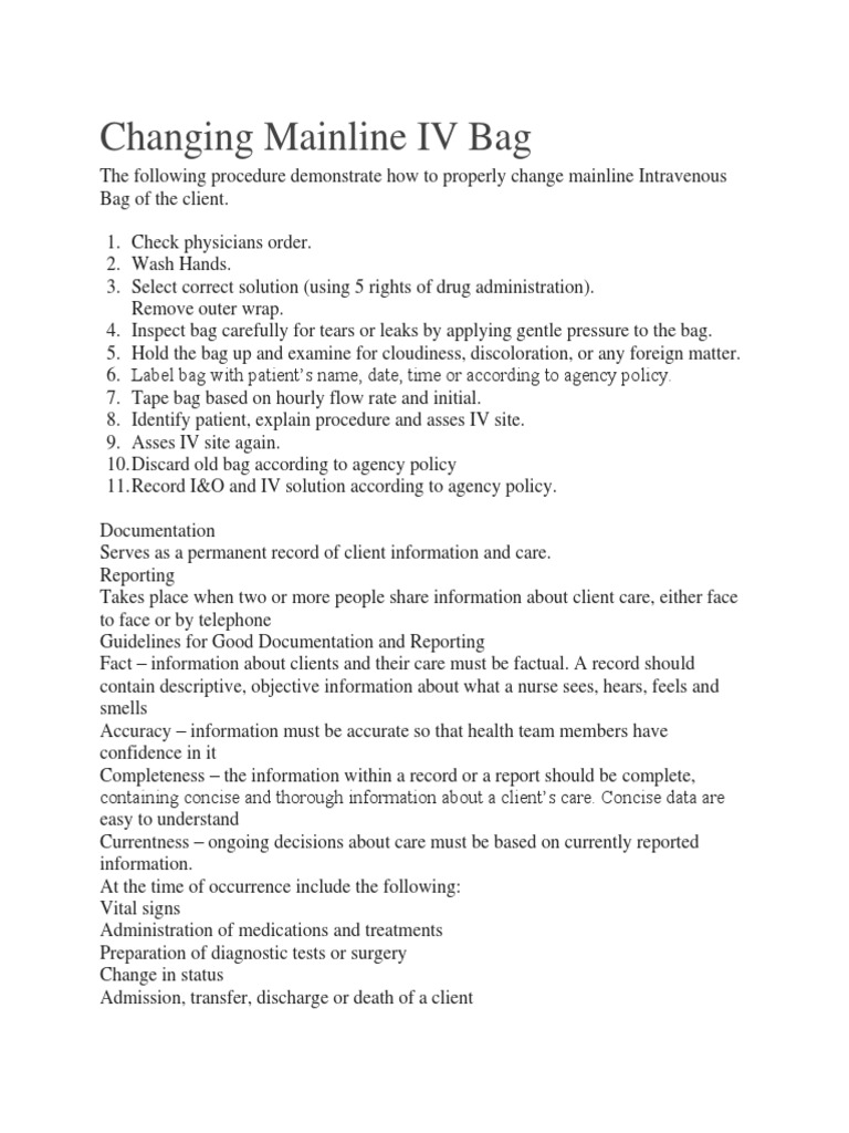 Changing Mainline IV Bag | PDF | Health Care | Nursing