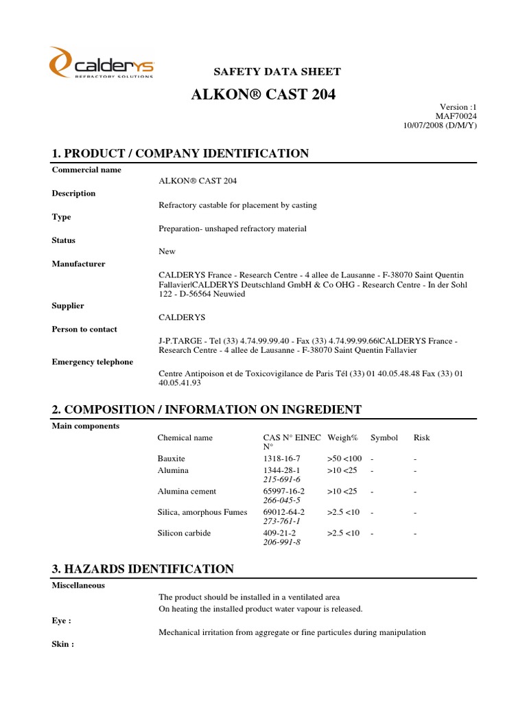 ALKON CAST 204 MSDS.pdf | Silicon Dioxide | Chemistry