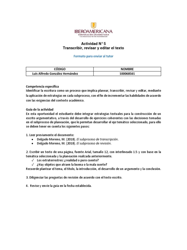 Actividad N°5 Trasncribir, Revisar y Editar | PDF | Planificación ...