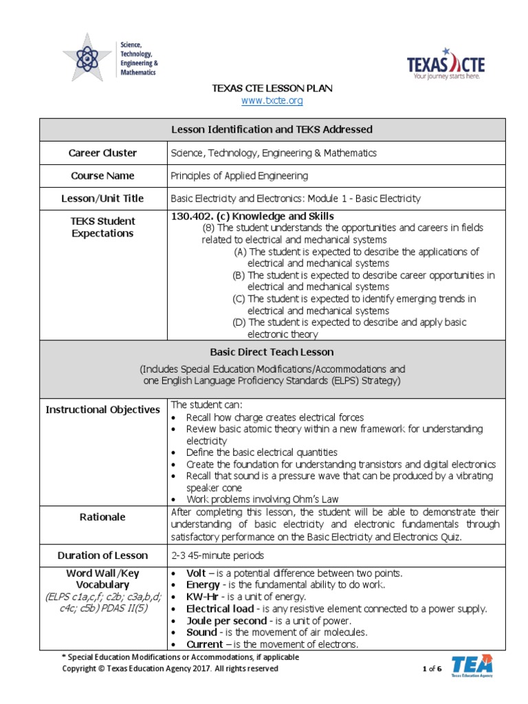Lesson Plan Basic Electricity - 1 | Download Free PDF | Ion | Atoms
