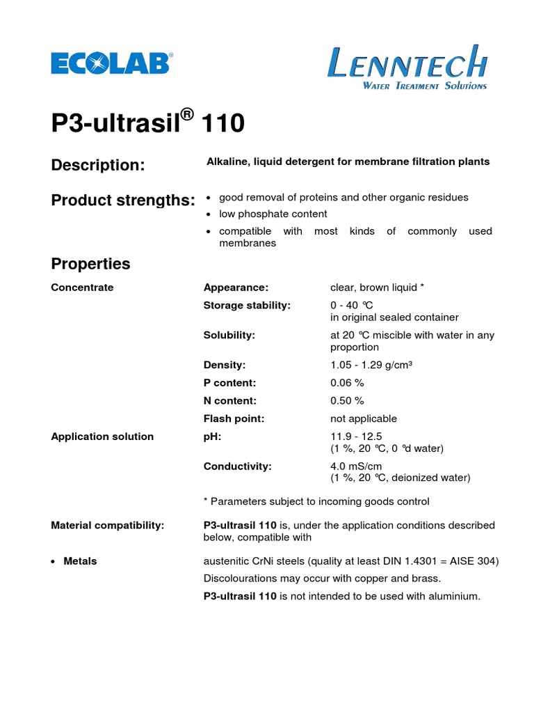 ECOLAB P3 Ultrasil 110 Alkaline Membrane Detergent Lenntech | PDF ...