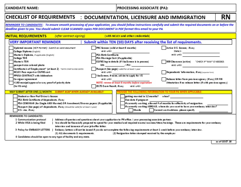 Documentation, Licensure and Immigration: Checklist of Requirements ...