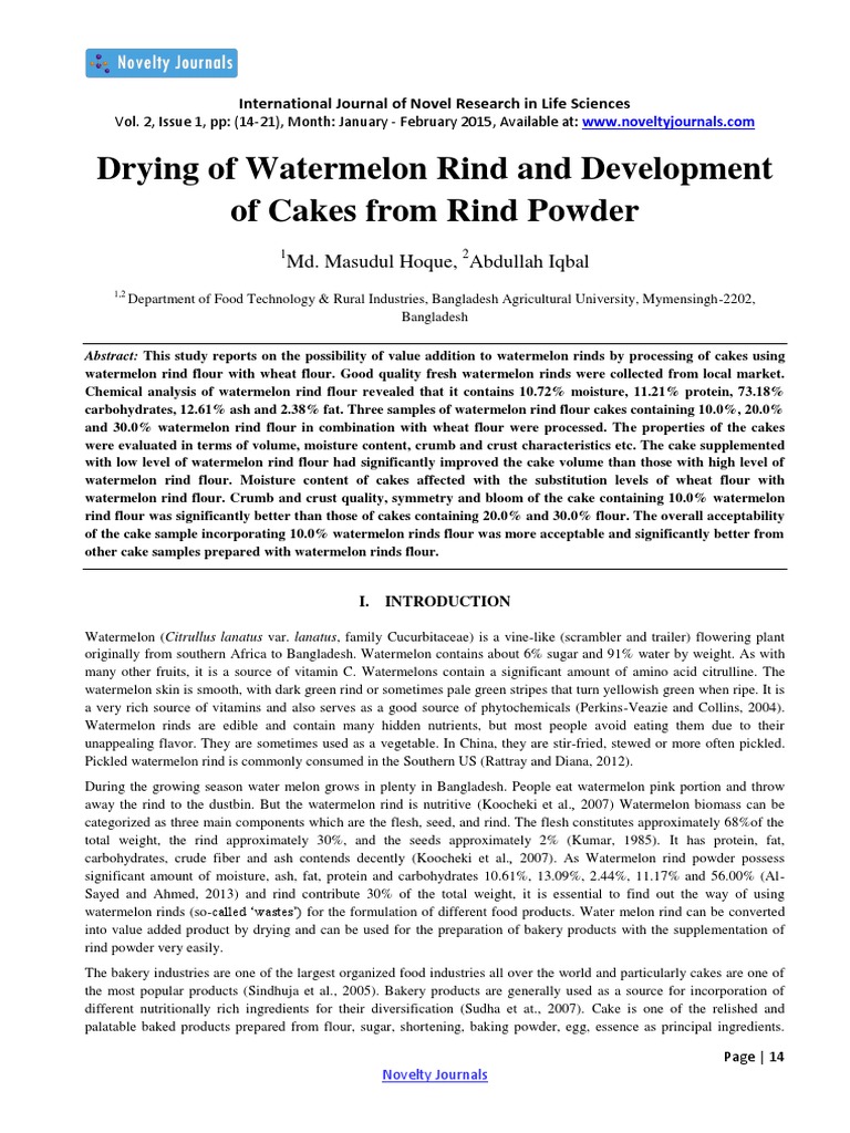 Drying of Watermelon Rind and Development of Cakes From Rind Powder-135 ...