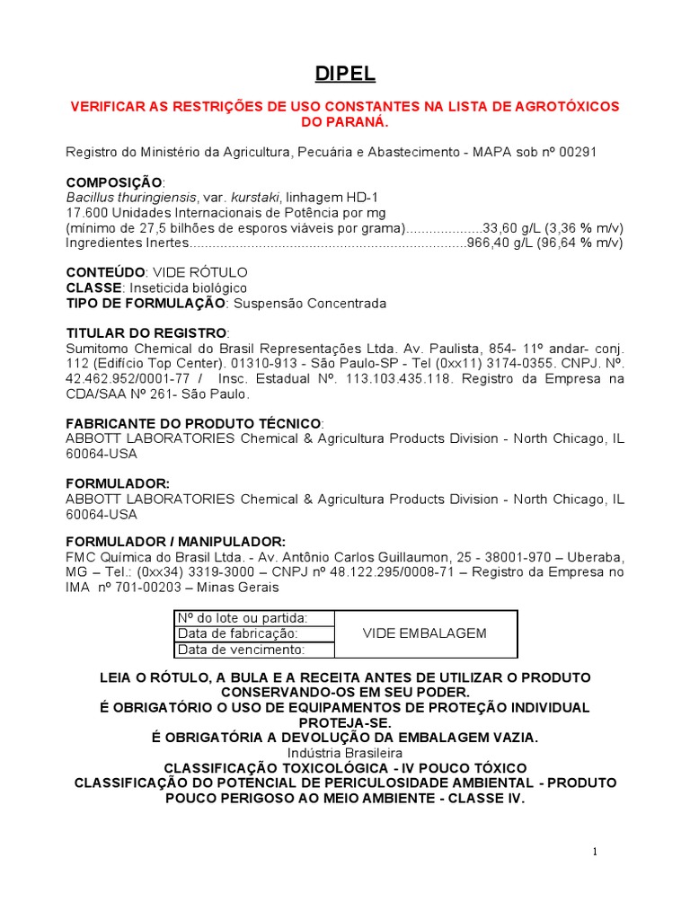 Dipel PDF | PDF | Embalagem e rotulagem | Inseticida