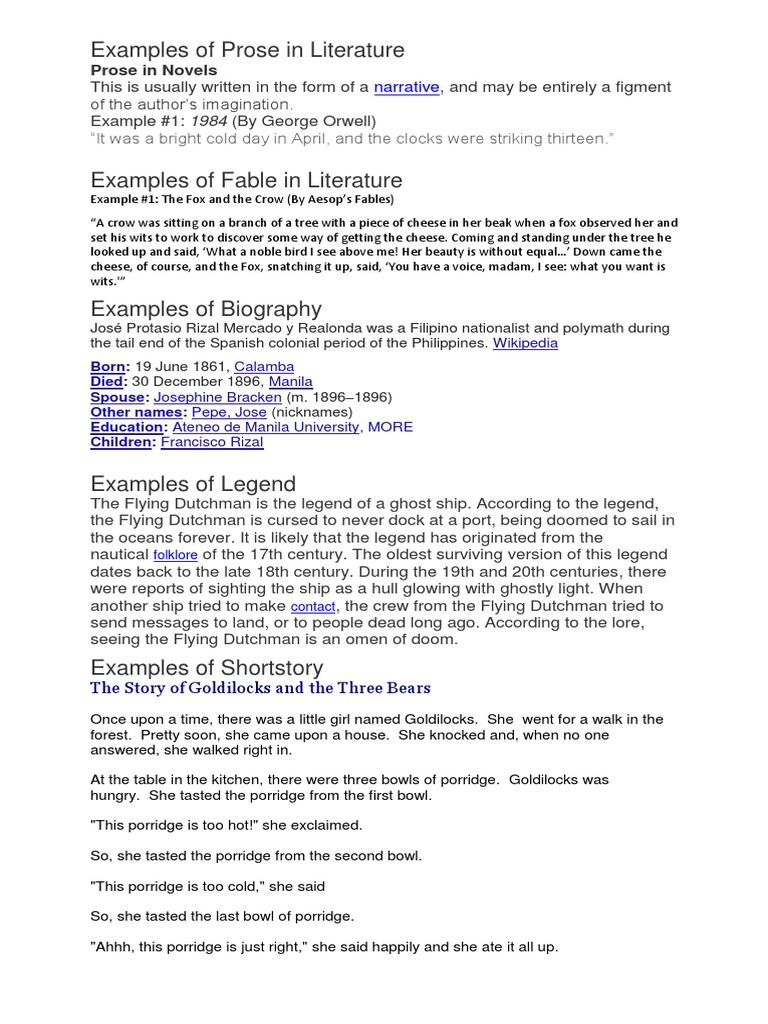 Examples of Prose in Literature CRIM | PDF | Goldilocks And The Three Bears