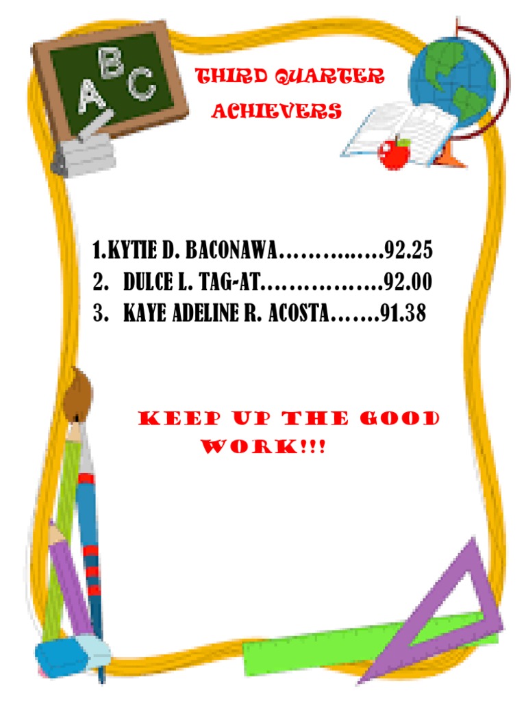 Third Quarter Honor Roll Listing Top Three Achievers' Grades | PDF