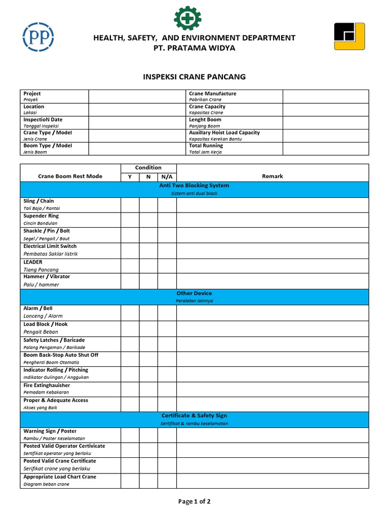 Form Inspeksi - Crane Pancang | PDF | Crane (Machine) | Tools