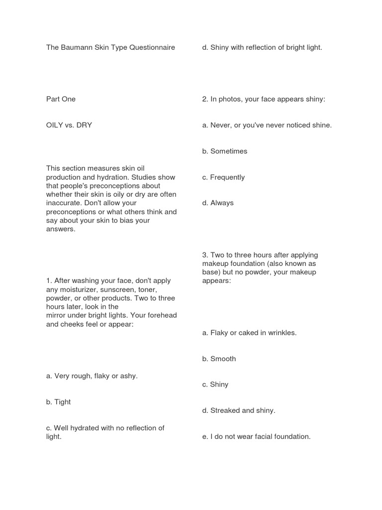 Baumann Skin Type Questionnaire Guide | PDF | Dermatitis | Human Appearance
