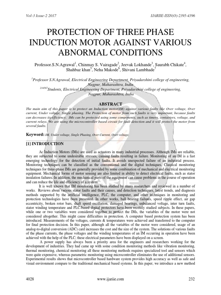 Protection of 3 Phase IM Against Various Abnormal Conditions ...