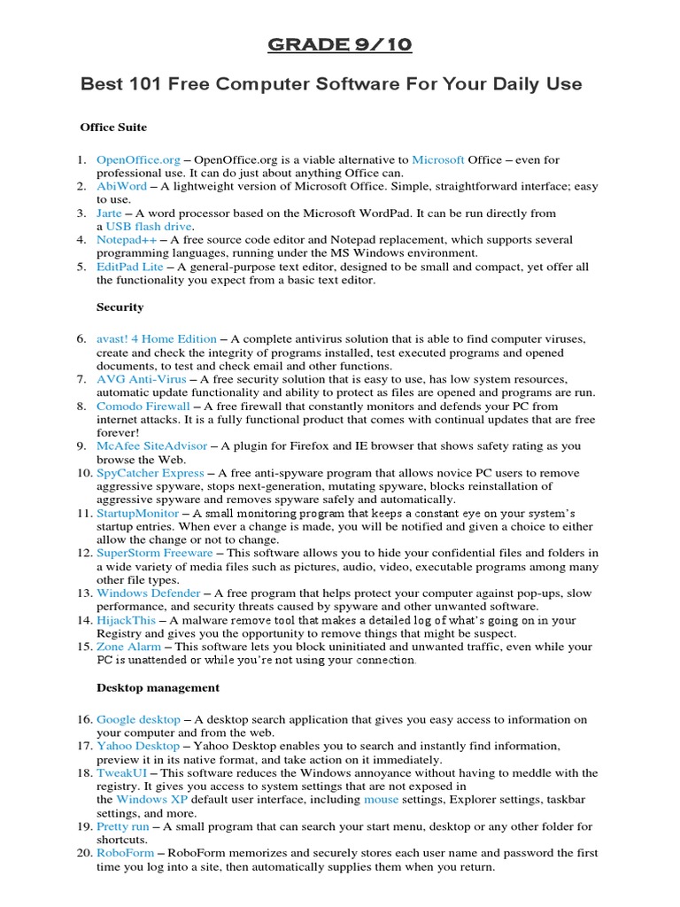 GRADE 9/10 Best 101 Free Computer Software For Your Daily Use | PDF ...