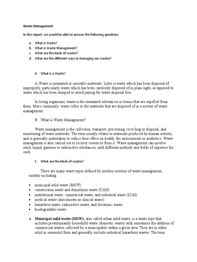 Waste Management: Municipal Solid Waste (MSW), Also Called Urban Solid ...