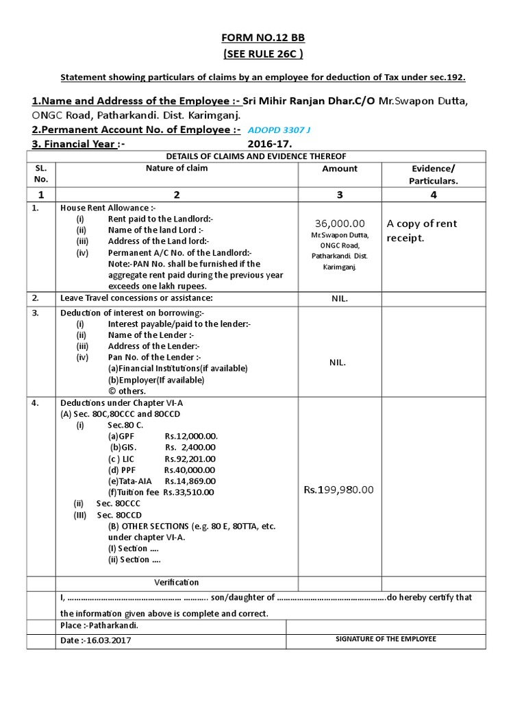 ONGC Road, Patharkandi. Dist. Karimganj.: Form No.12 BB (See Rule 26C ...