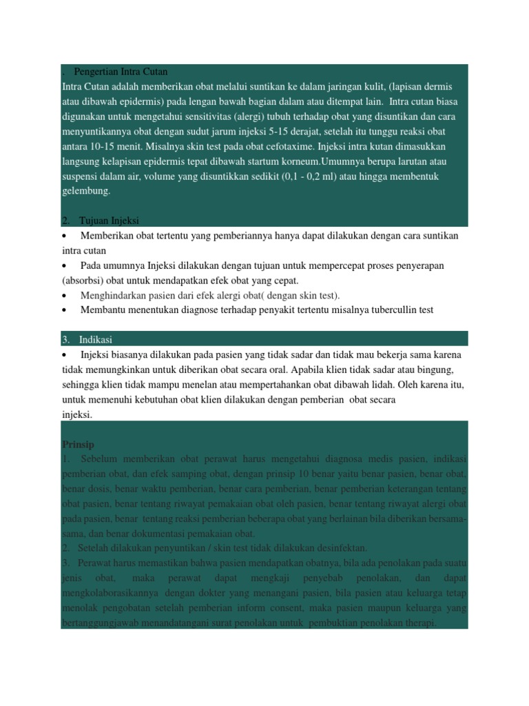 Injeksi Intra Cutan: Panduan dan Tujuan | PDF