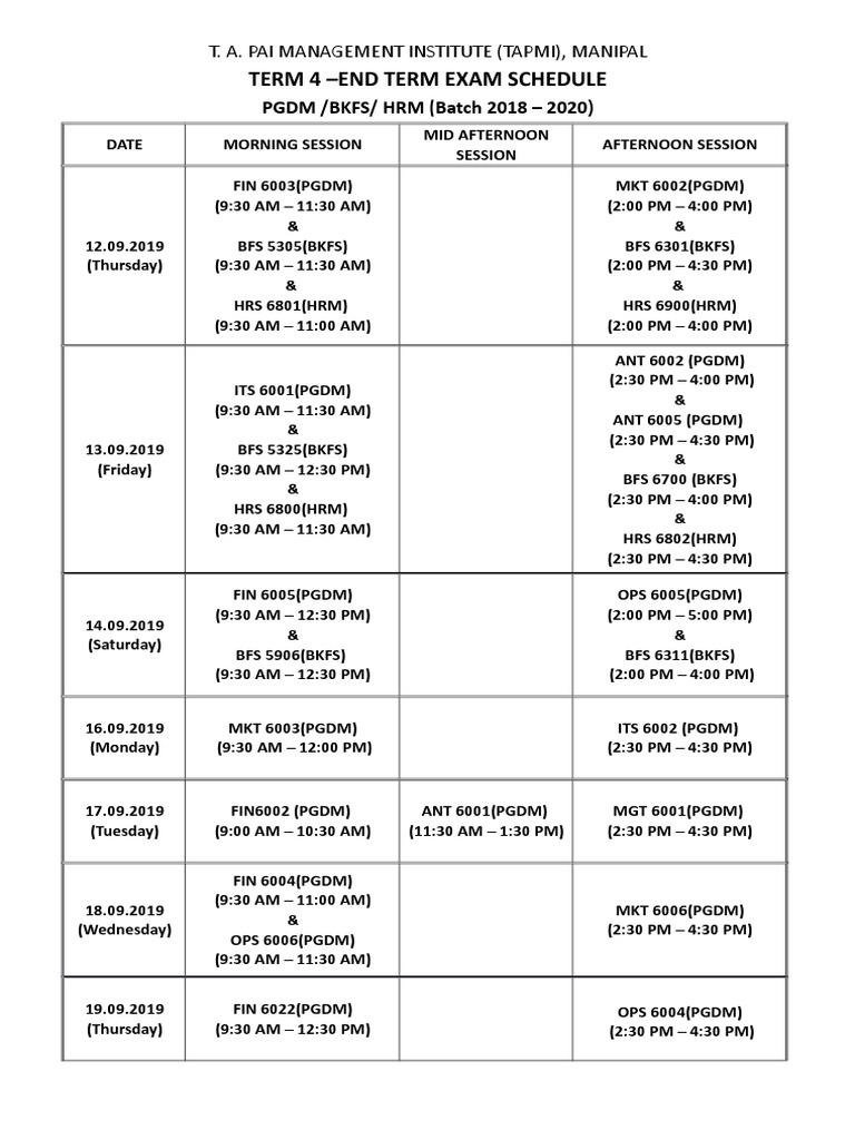 Term 4 End Term Time Table - Final | PDF