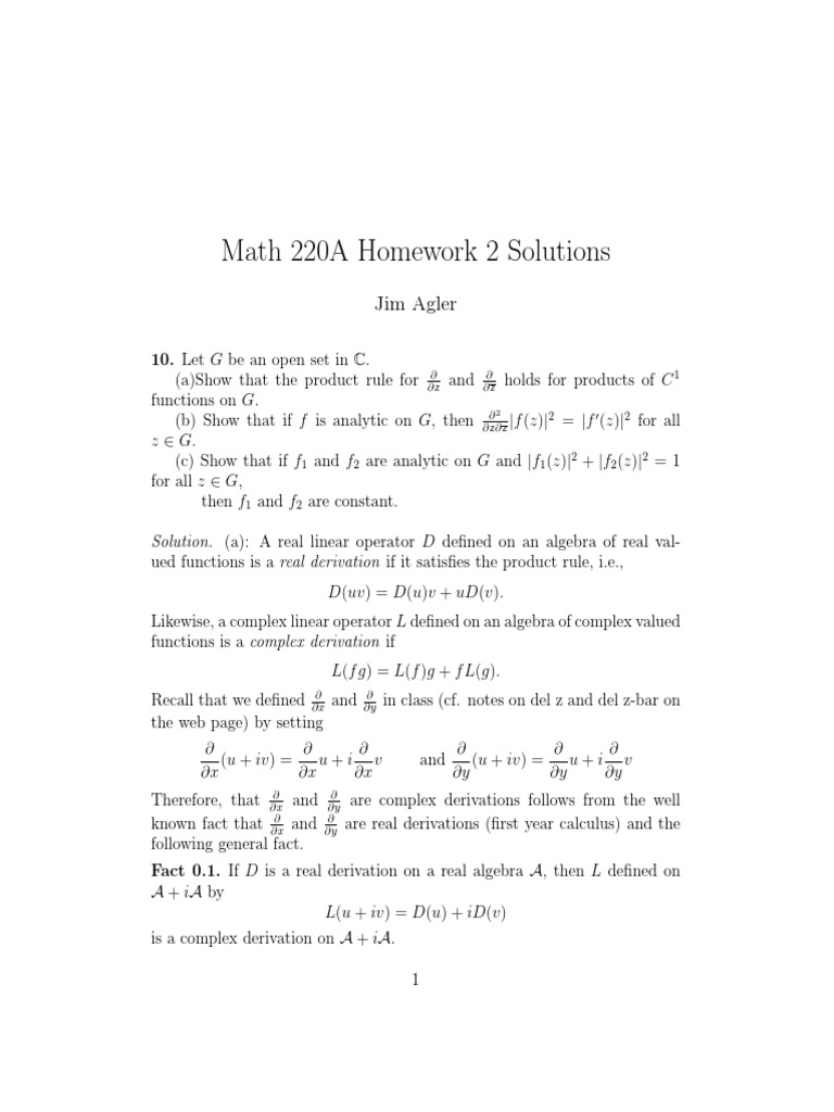 Math 220A Homework 2 Solutions: Jim Agler | PDF | Analytic Function ...