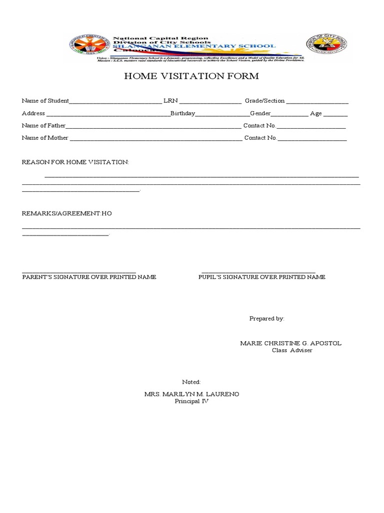 Home Visitation Form: Parent'S Signature Over Printed Name Pupil'S ...