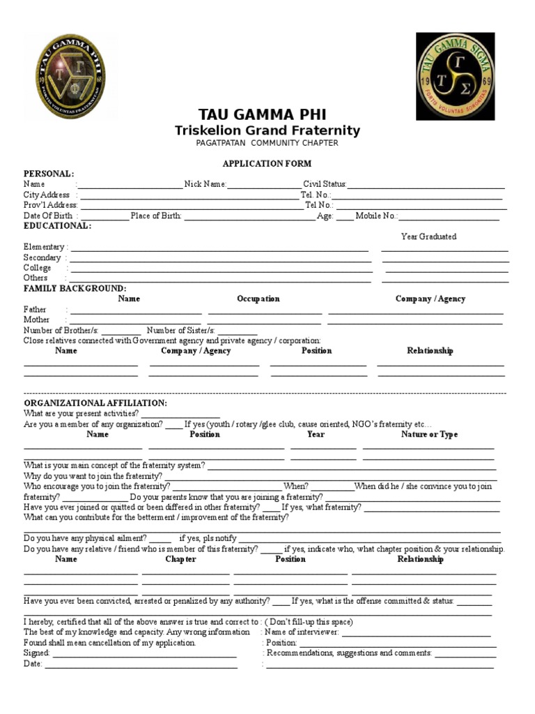 TAU GAMMA PHI Application Form | PDF | Fraternities