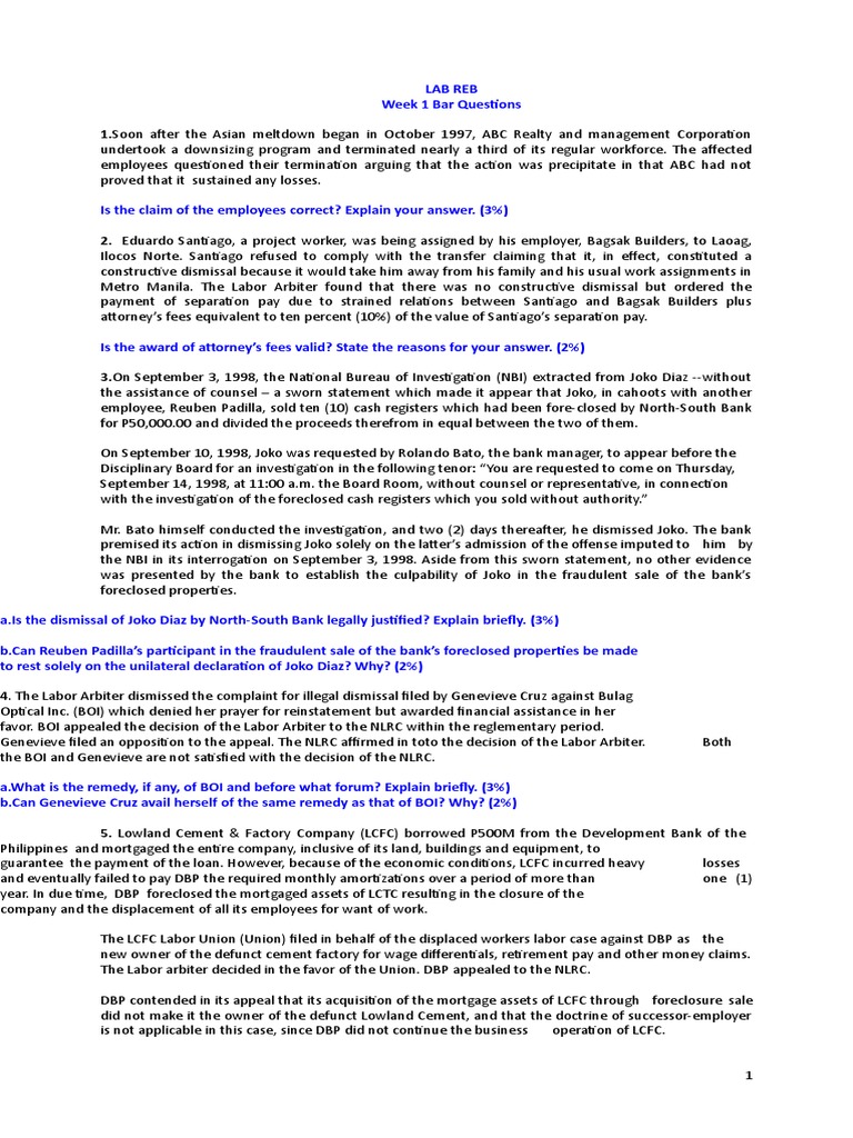 Lab Reb Bar Questions Week 1 | PDF | Foreclosure | Employment