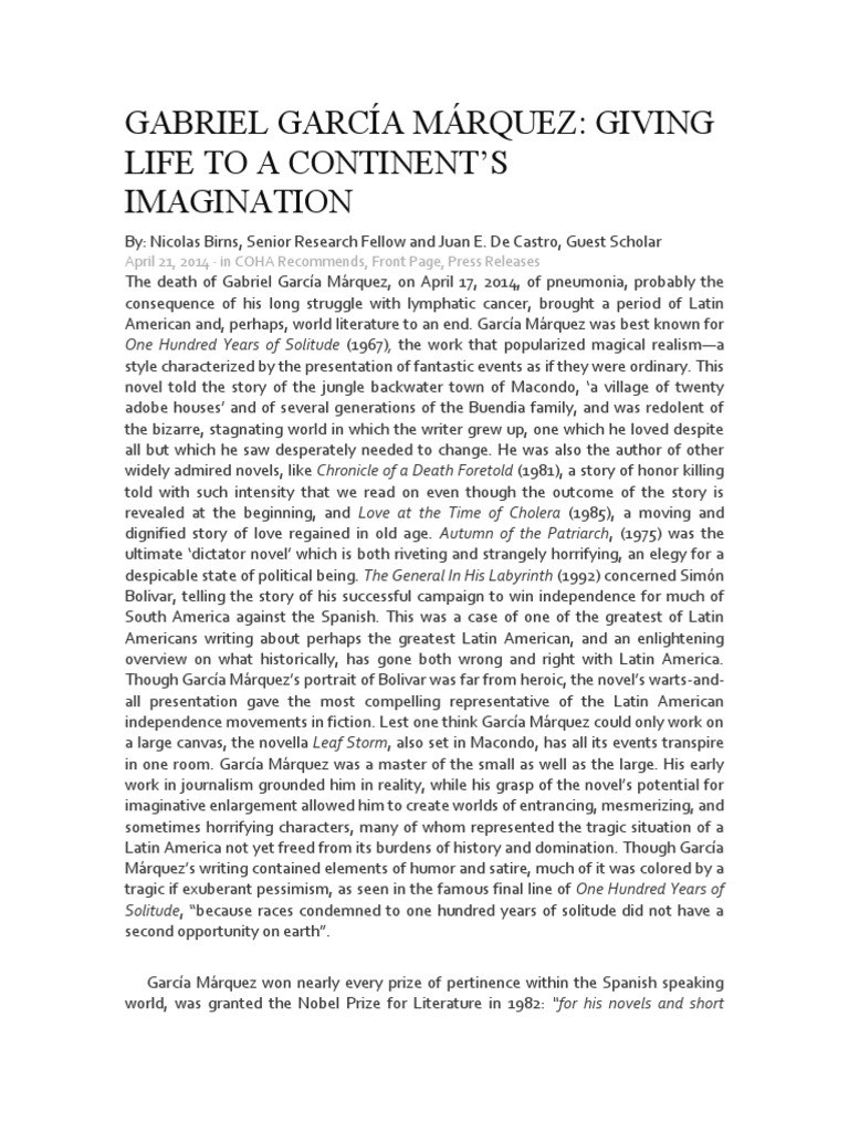 Gabriel García Márquez: Giving Life To A Continent'S Imagination | PDF ...