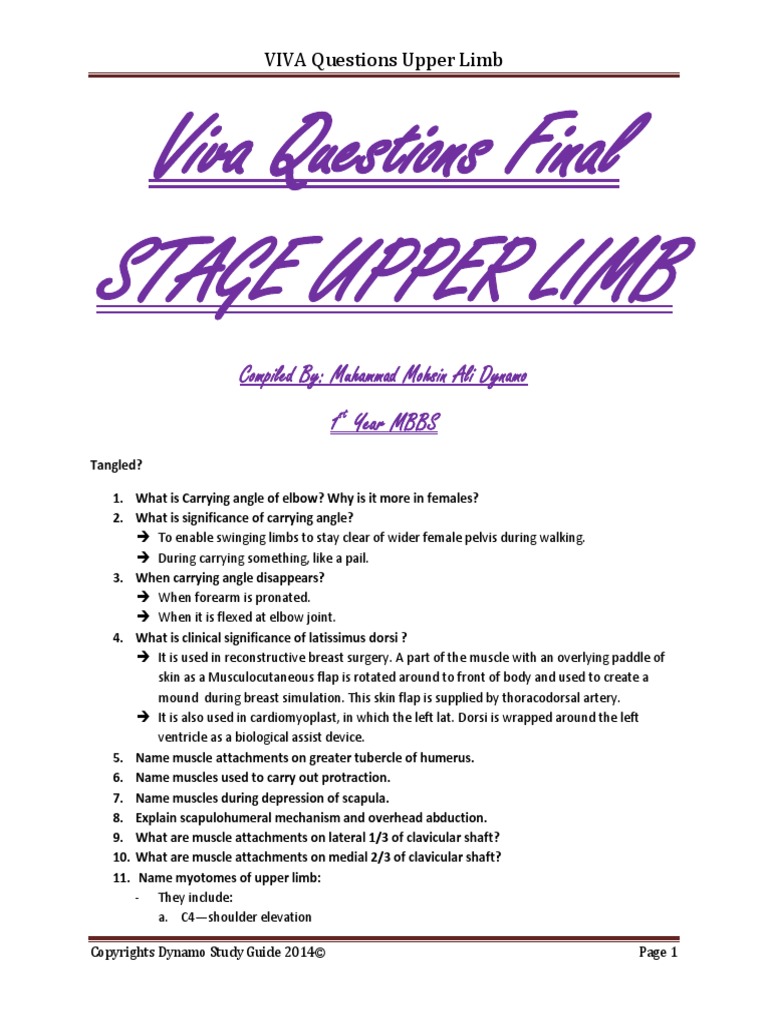Viva Questions Final Stage Upper Limb | PDF | Anatomical Terms Of ...