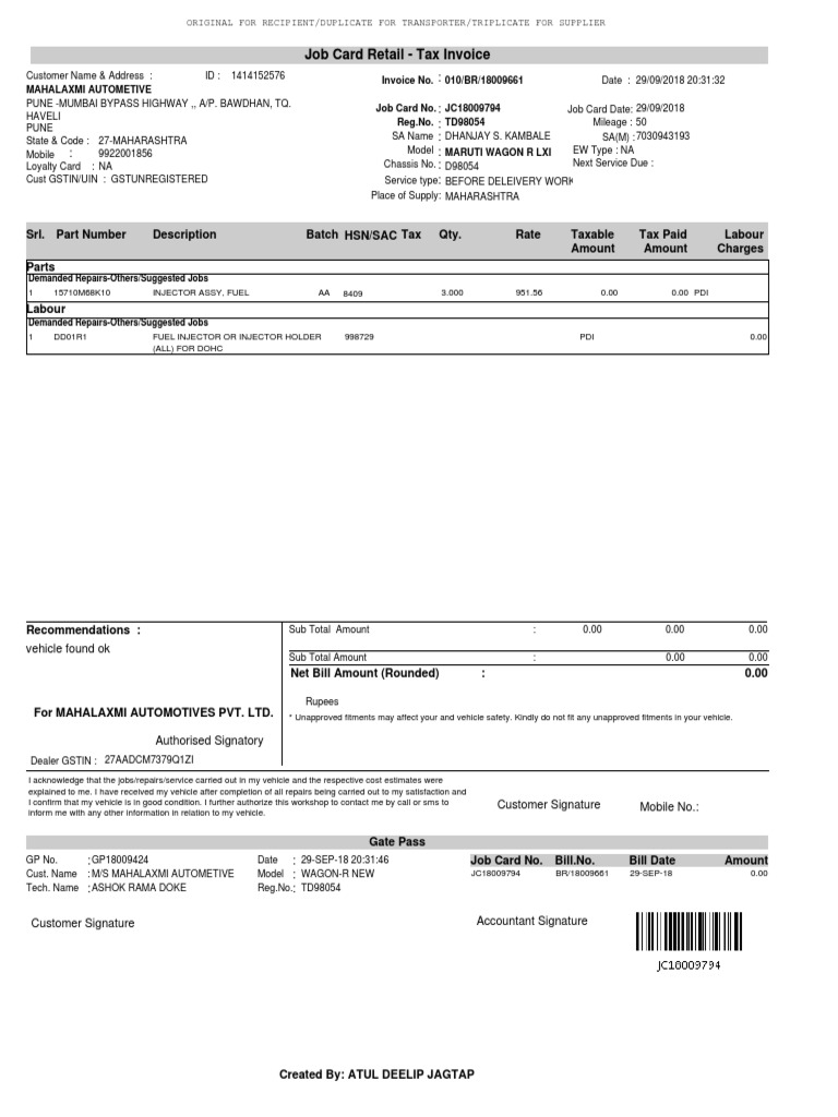 Job Card Retail - Tax Invoice: Original For Recipient/Duplicate For ...
